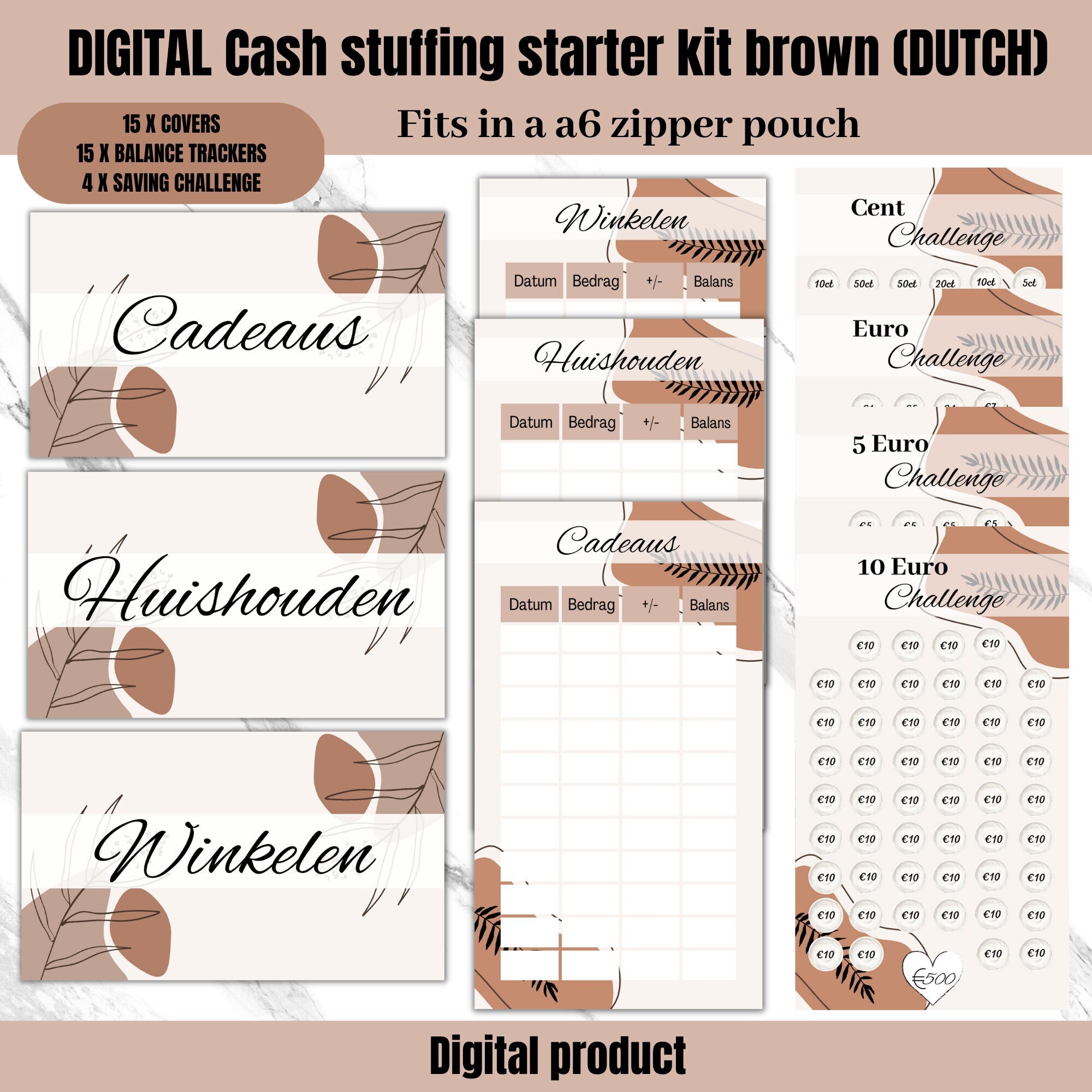 Digital cash stuffing starter kit brown a6 binder Nederlands - Etsy ...