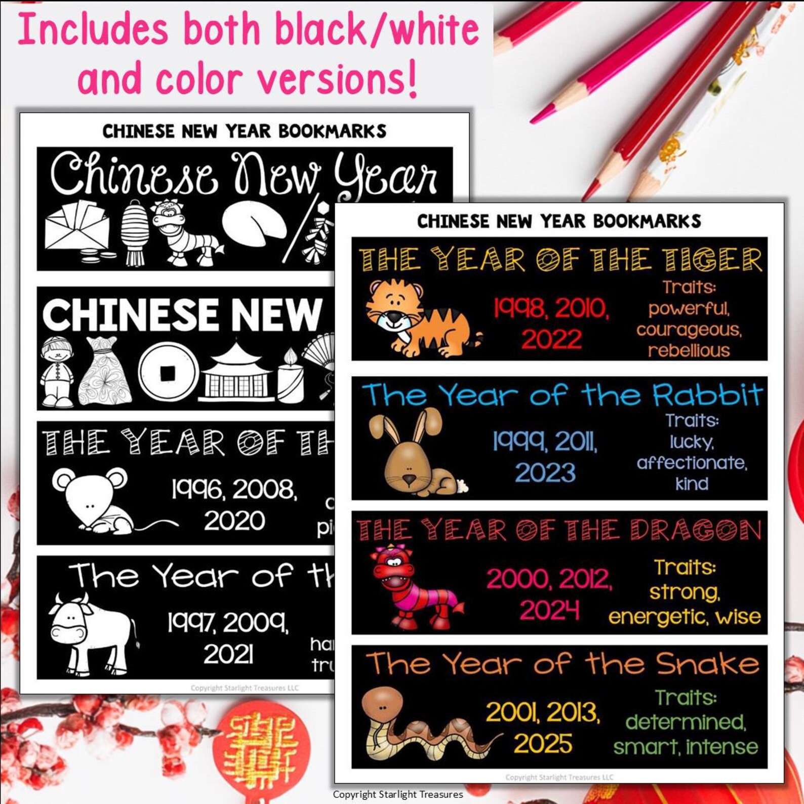 Chinese New Year Bookmarks: Cut and Color Activity (digital Download ...