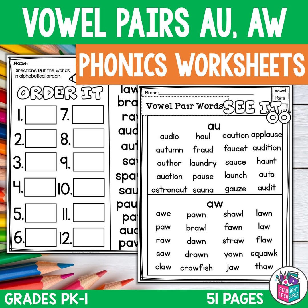 Vowel Pairs AU, AW Worksheets and Activities for Early Readers ...