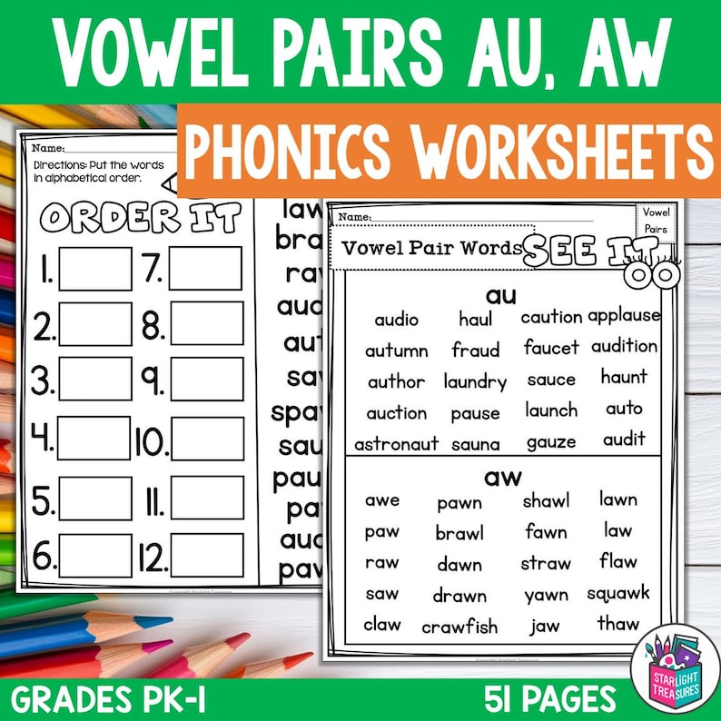 Vowel Pairs AU, AW Worksheets and Activities for Early Readers ...