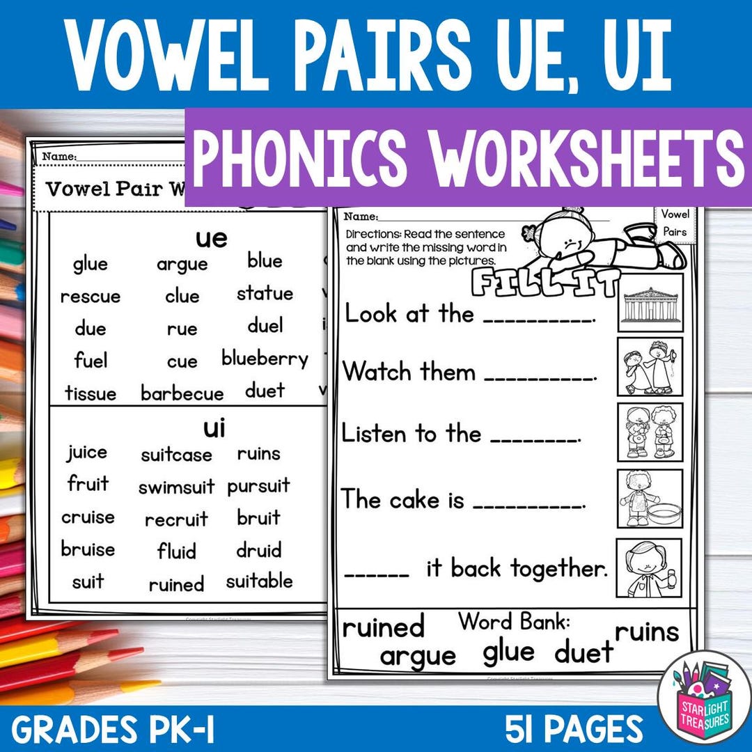 Vowel Pairs UE, UI Worksheets and Activities for Early Readers ...