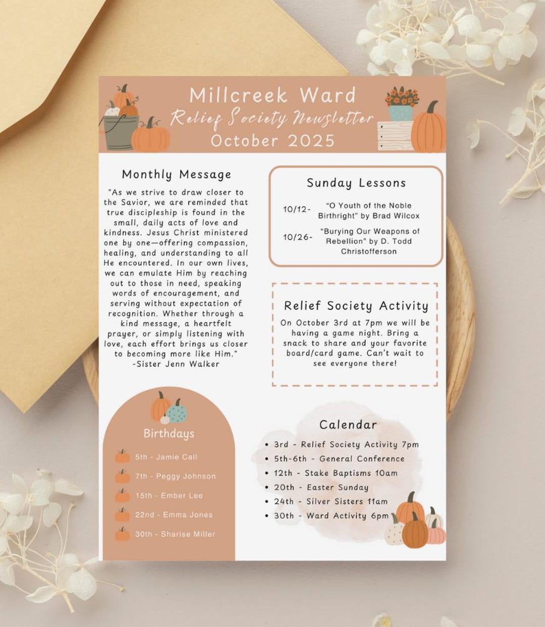 Editable Fall Relief Society Newsletter Template – Pumpkins Design for ...
