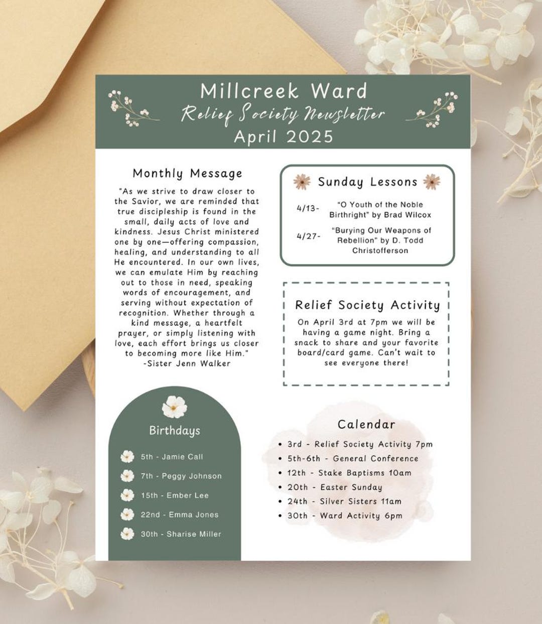 Editable Relief Society Newsletter Template – Floral Minimalist Design ...