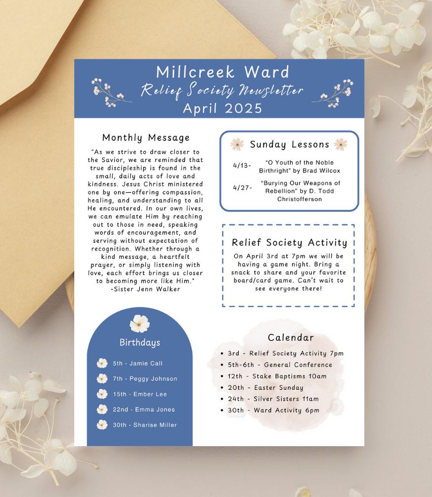 Editable Relief Society Newsletter Template – Floral Minimalist Design ...