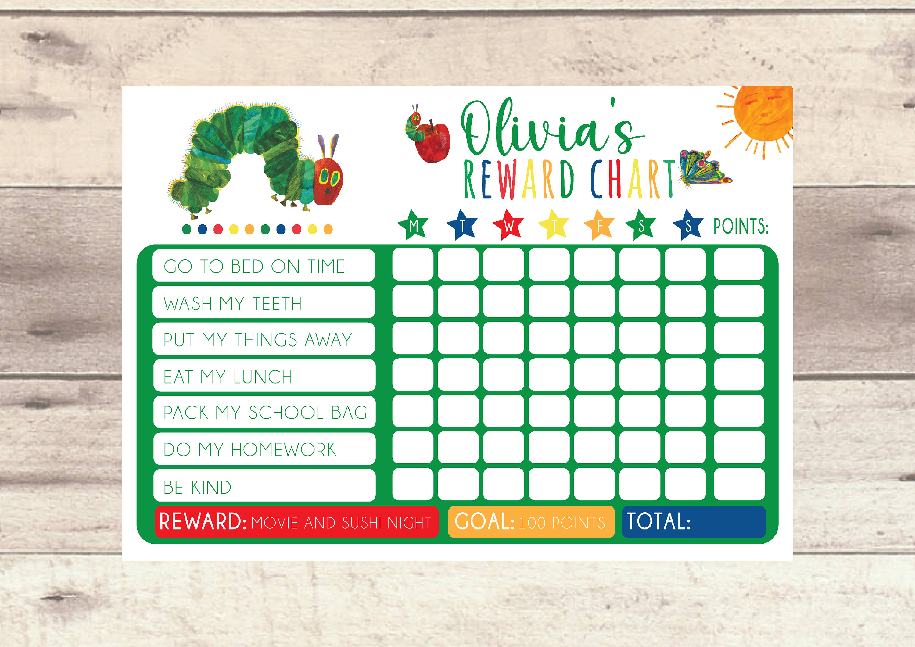 EDITABLE the Very Hungry Caterpillar Reward Chart - Behavior Chart ...
