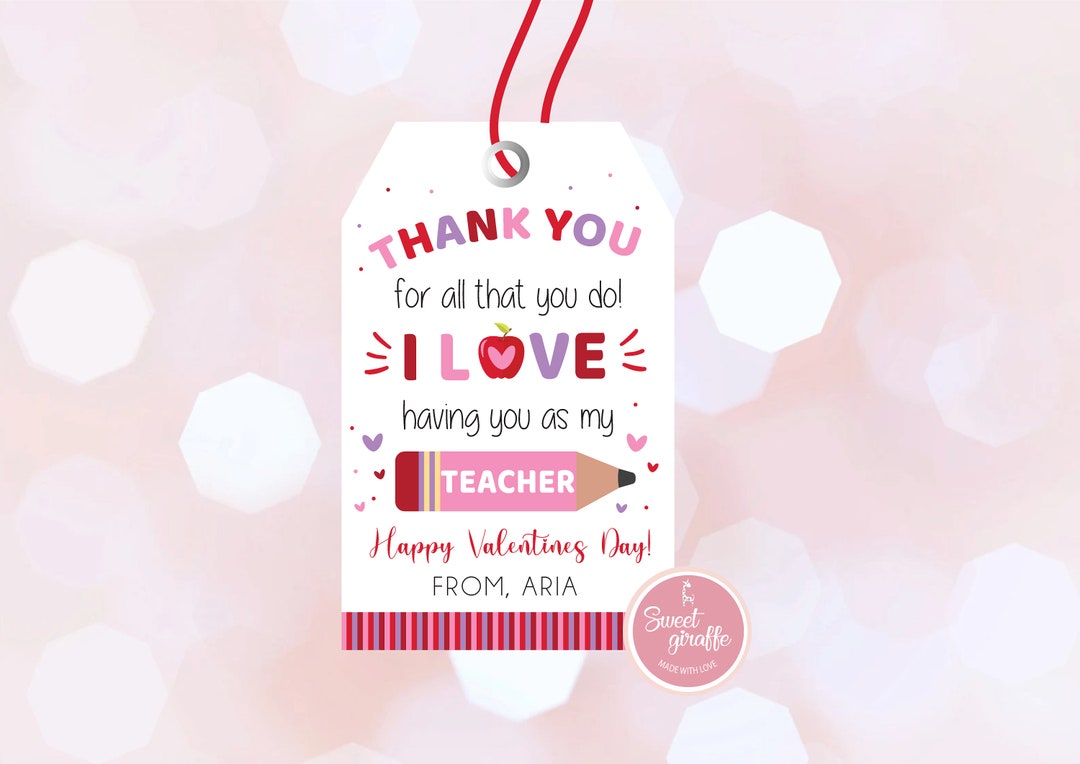 Thank You Teacher Valentine Gift Tag, Teacher Love TAG, Valentine ...