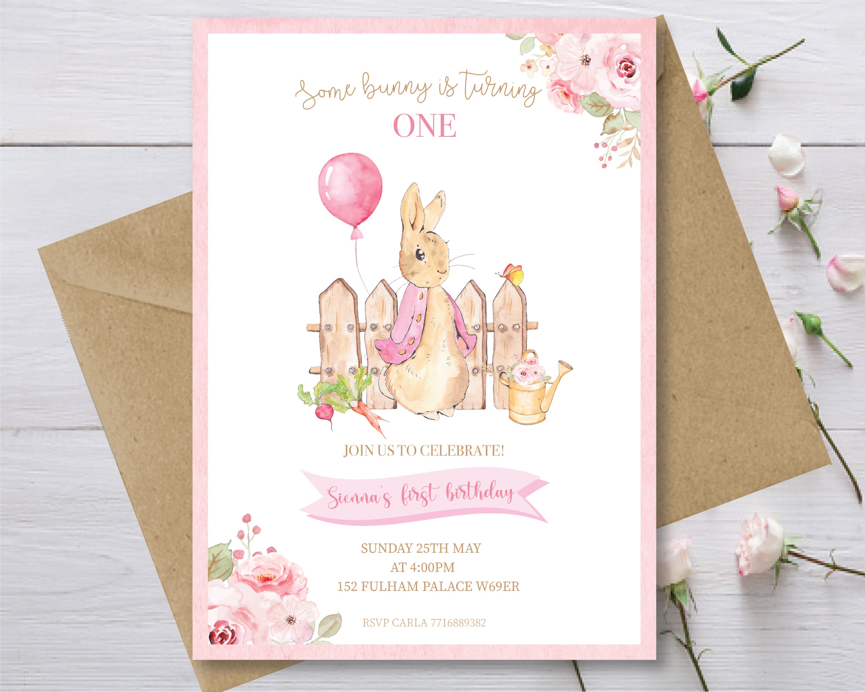 Editable Peter Rabbit Birthday Invitation, First Birthday Invite, Girl ...
