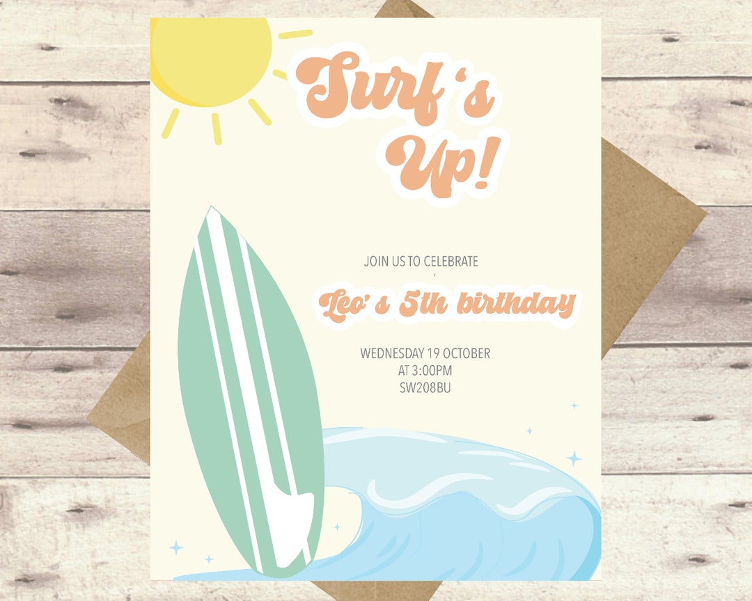 Surf Boy Birthday Invite - Surf's up Invitation for Beach or Pool Party ...