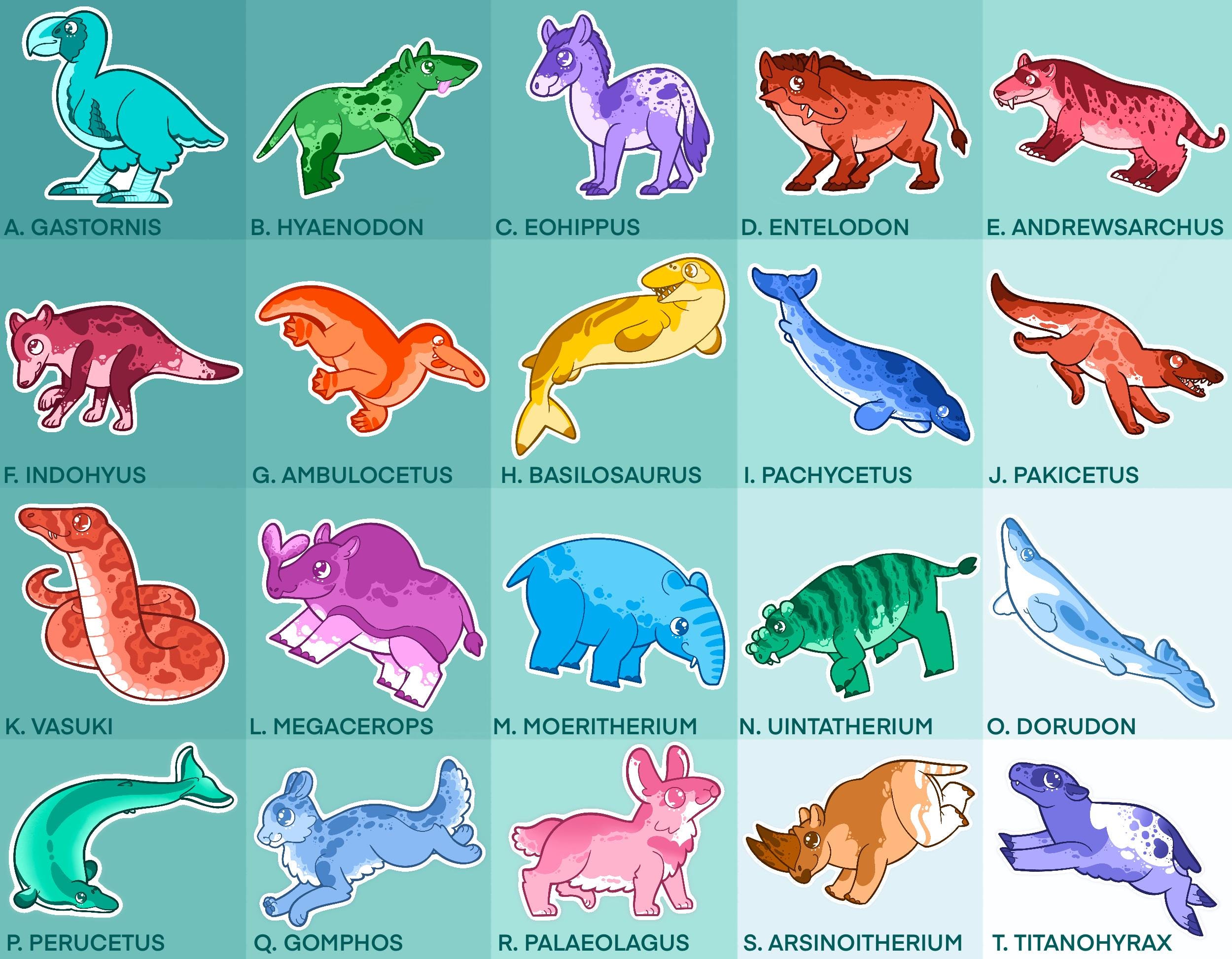 Eocene Paleontology Stickers - 27 Designs - Gastornis Entelodon ...