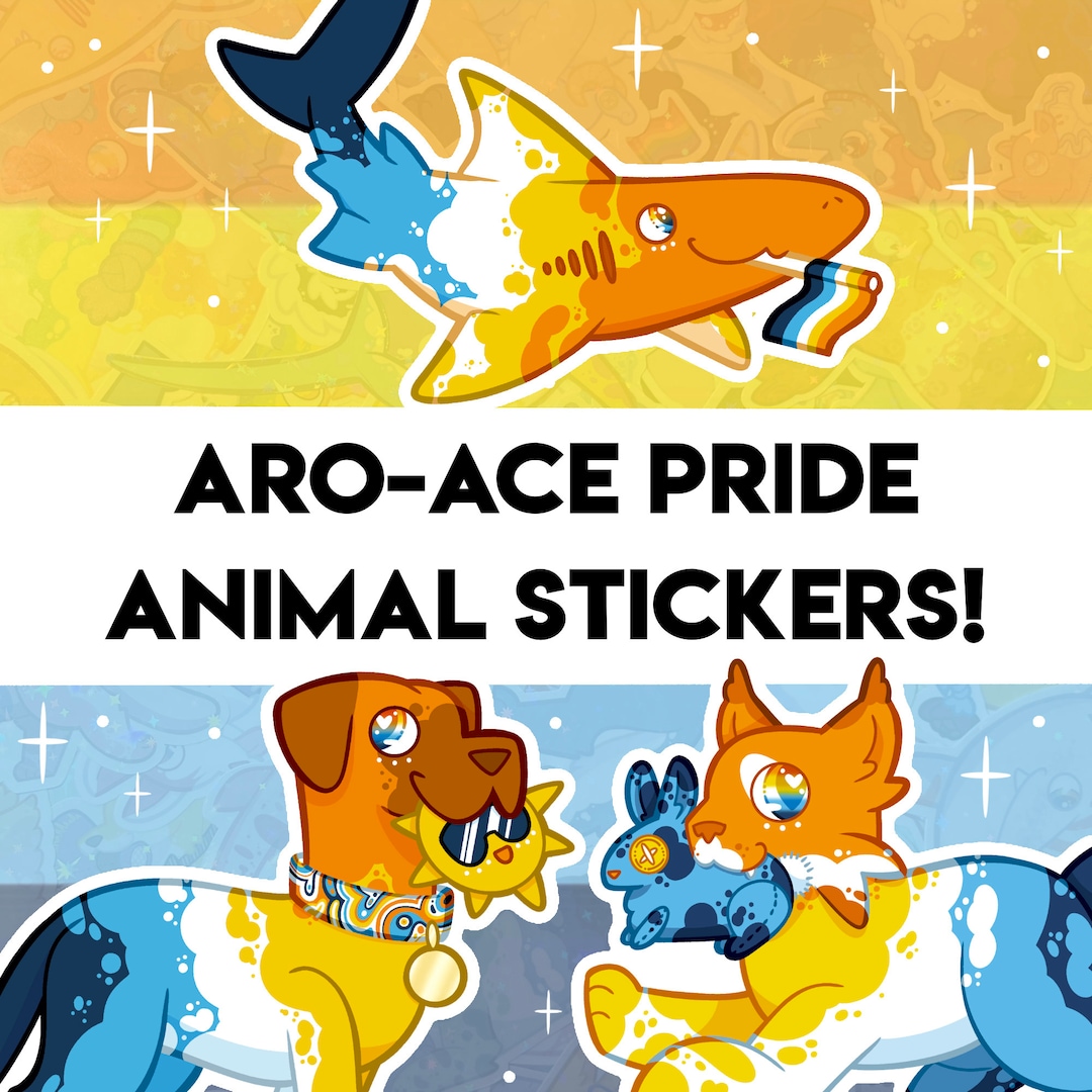 Aro-ace Pride Stickers! - Shark, Dog, Cat Designs - Holographic Sticker ...