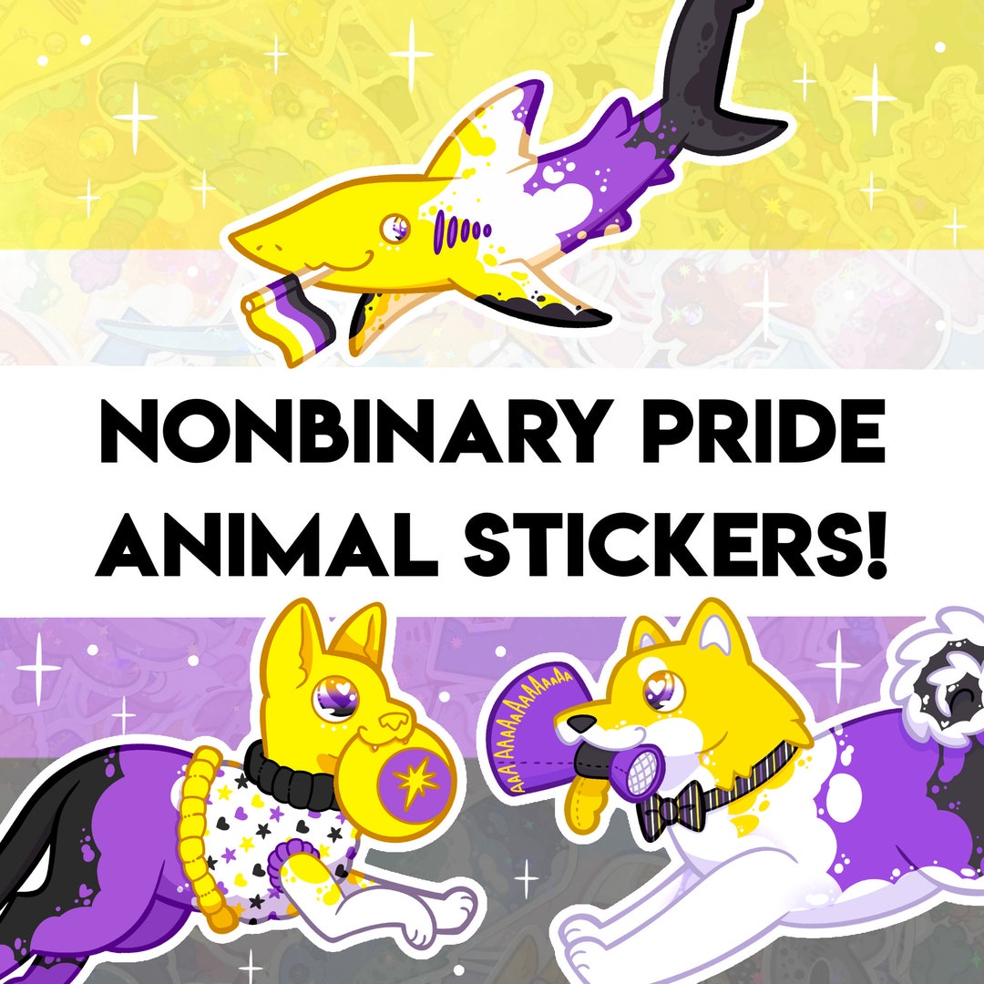 Nonbinary Enby Pride Stickers Shark, Dog, Cat Designs Holographic ...