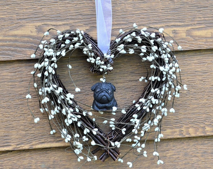 Front Door Wreath, Black Pug Art, Gift for Wife's Birthday, Heart ...