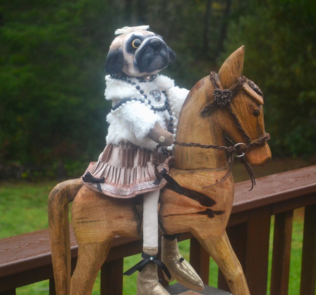 Large Pug Doll on Wooden Rocking Horse, Christmas Dog Decoration, Gift for Pug Mom, Equestrian ...