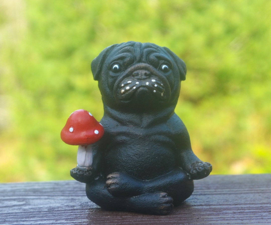 Pug Figurine With Mushroom: Black Dog Art Table Decor - Etsy