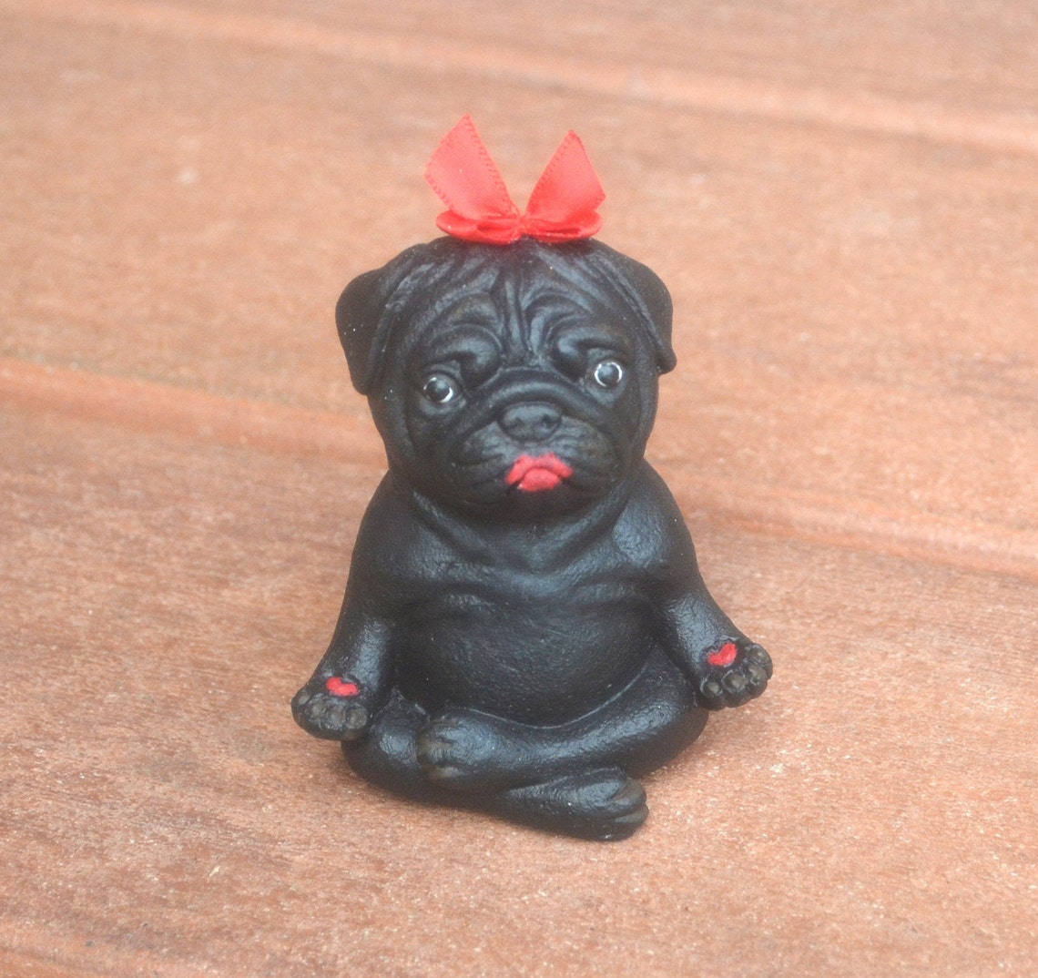 Meditating Black Pug Statue With Red Lipstick and Bow. Yoga Teacher ...