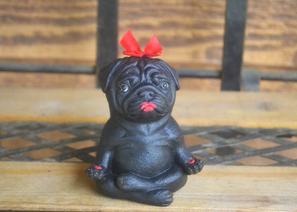 Meditating Black Pug Statue With Red Lipstick and Bow. Yoga Teacher ...
