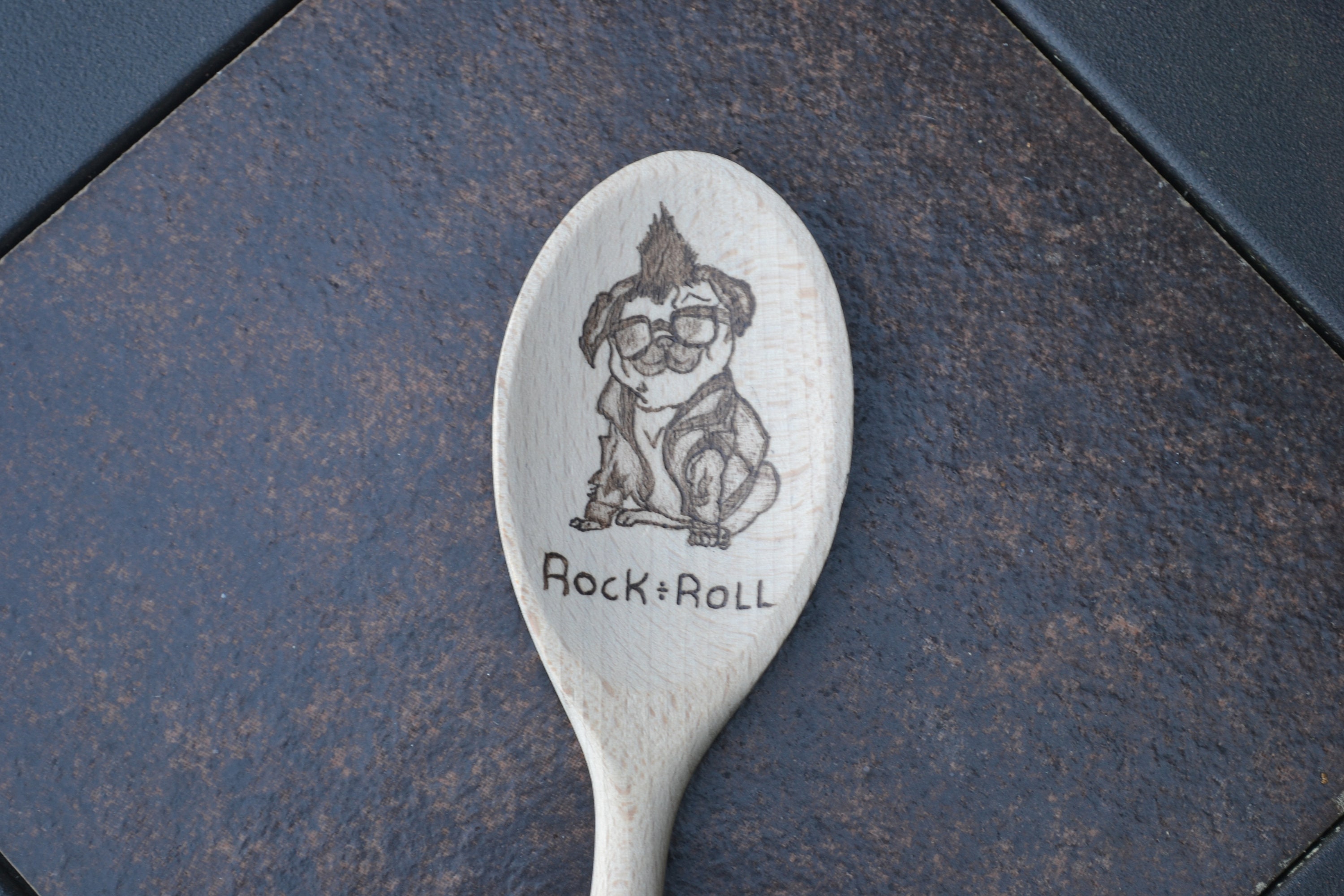 Rock and roll pug. Wood burned spoon Fathers day gift Biker | Etsy