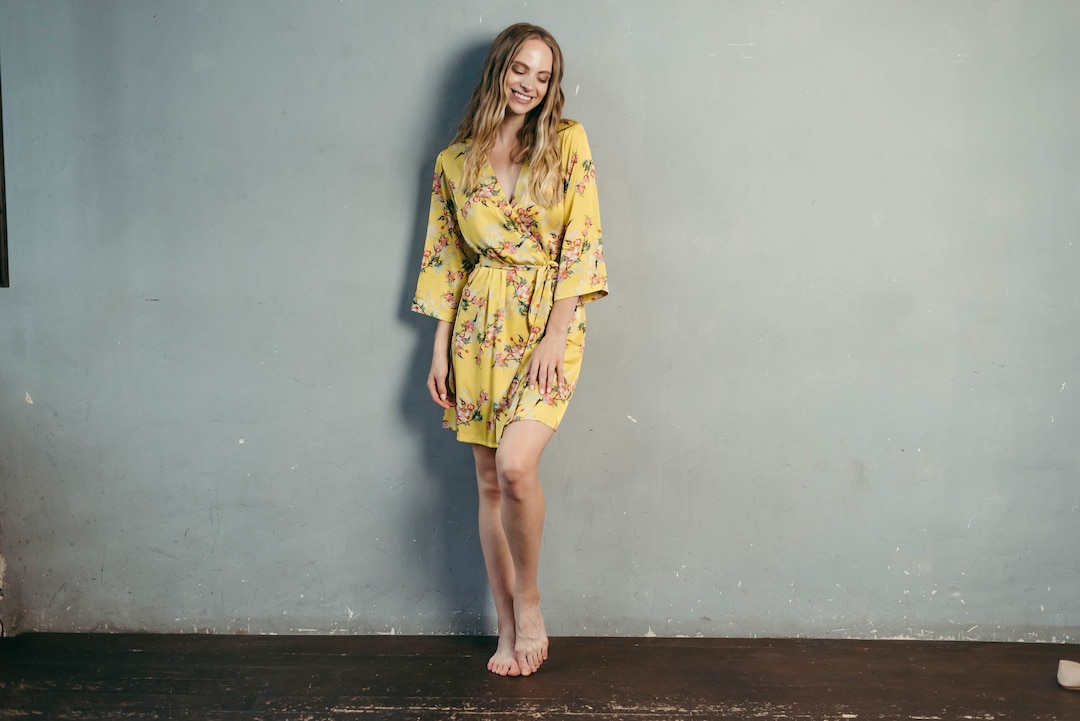 Silky Wedding Robe Bridal Party Robe Bridal Robe Yellow Floral Wedding ...