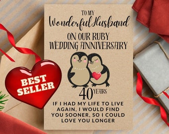Ruby Wedding Card, Ruby Anniversary Card for Husband, 40th Wedding Card ...