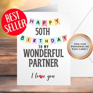 Partner 50th Birthday Card, Handmade 50th Birthday Card for Wonderful ...