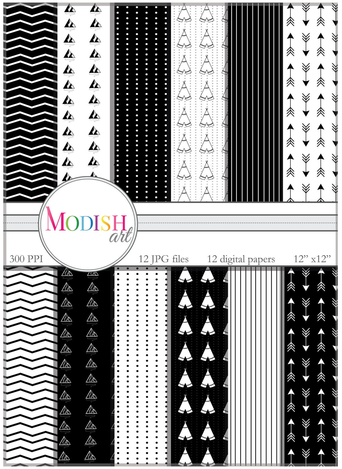 INSTANT DOWNLOAD 12 Black and White Decortive Papers | Etsy