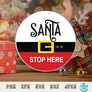 Santa Stop Here Round Wood Sign Svg, Christmas Outdoor Sign, Merry ...