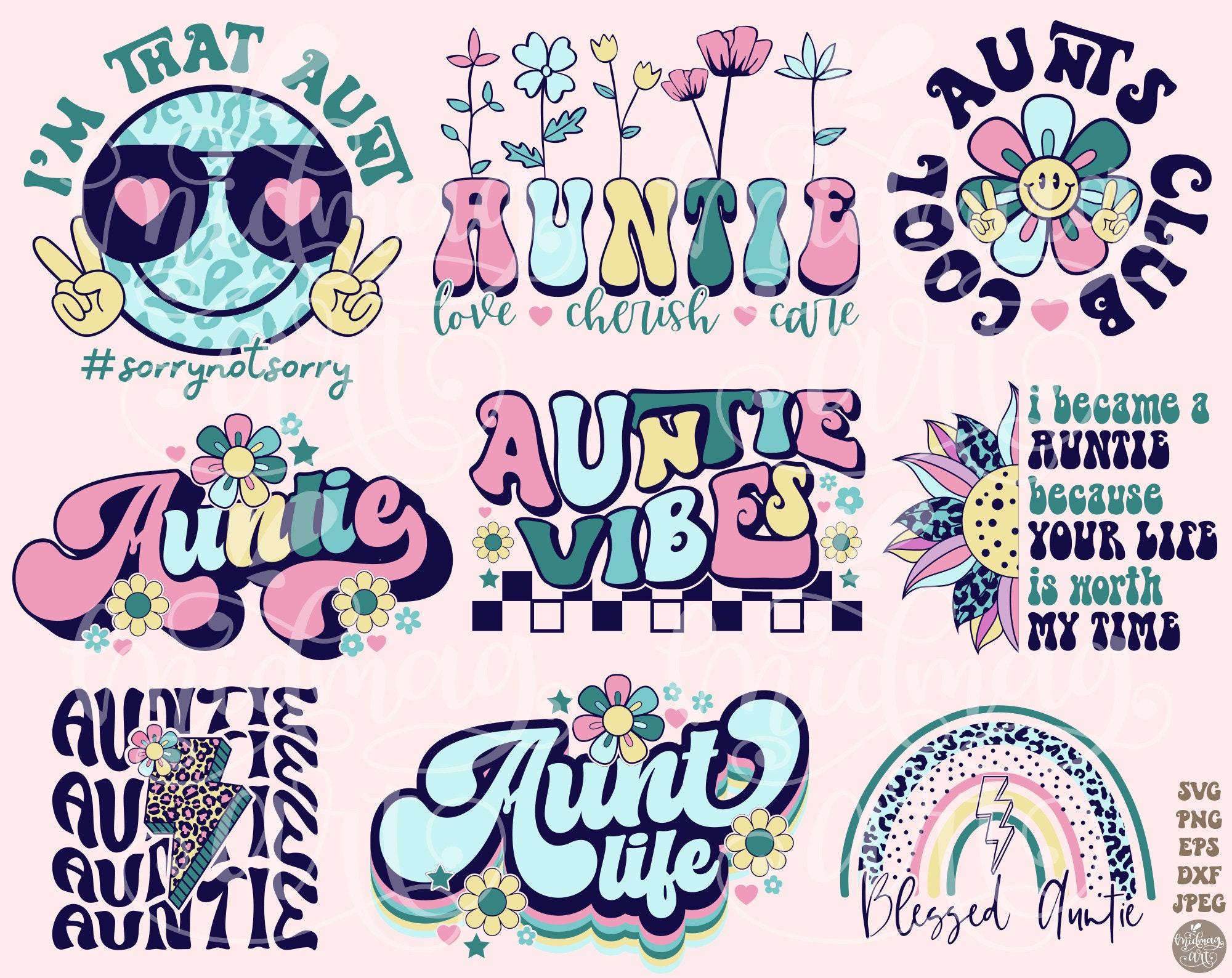 Retro Auntie SVG PNG Bundle Auntie Vibes Life Cool Aunts Club Messy Bun ...