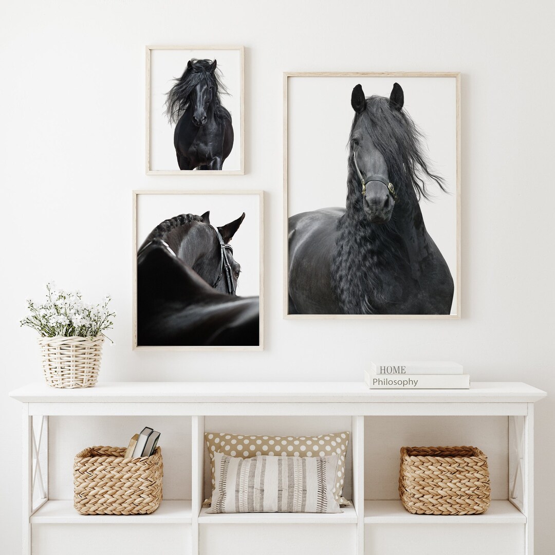 Set of 3 Black Horse Art Prints - Elegant Black Horse Trio Art Prints ...