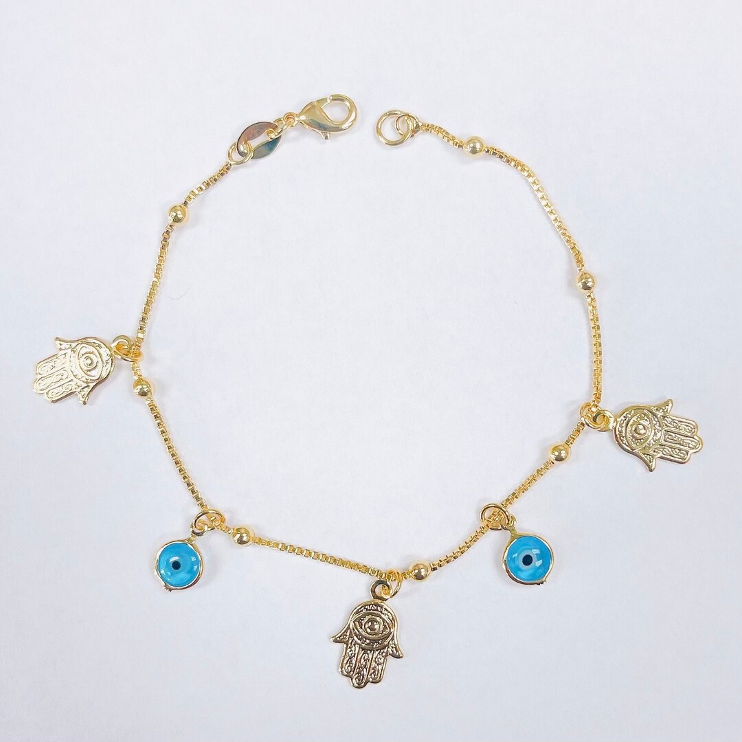 14k Gold Filled Blue Evil Eye Hamza Hand 7.5” Bracelet Nazar Mano De ...