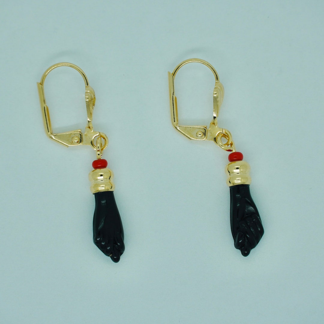 14k Gold Filled Azabache Figa Hand Earrings Asabache Protection ...