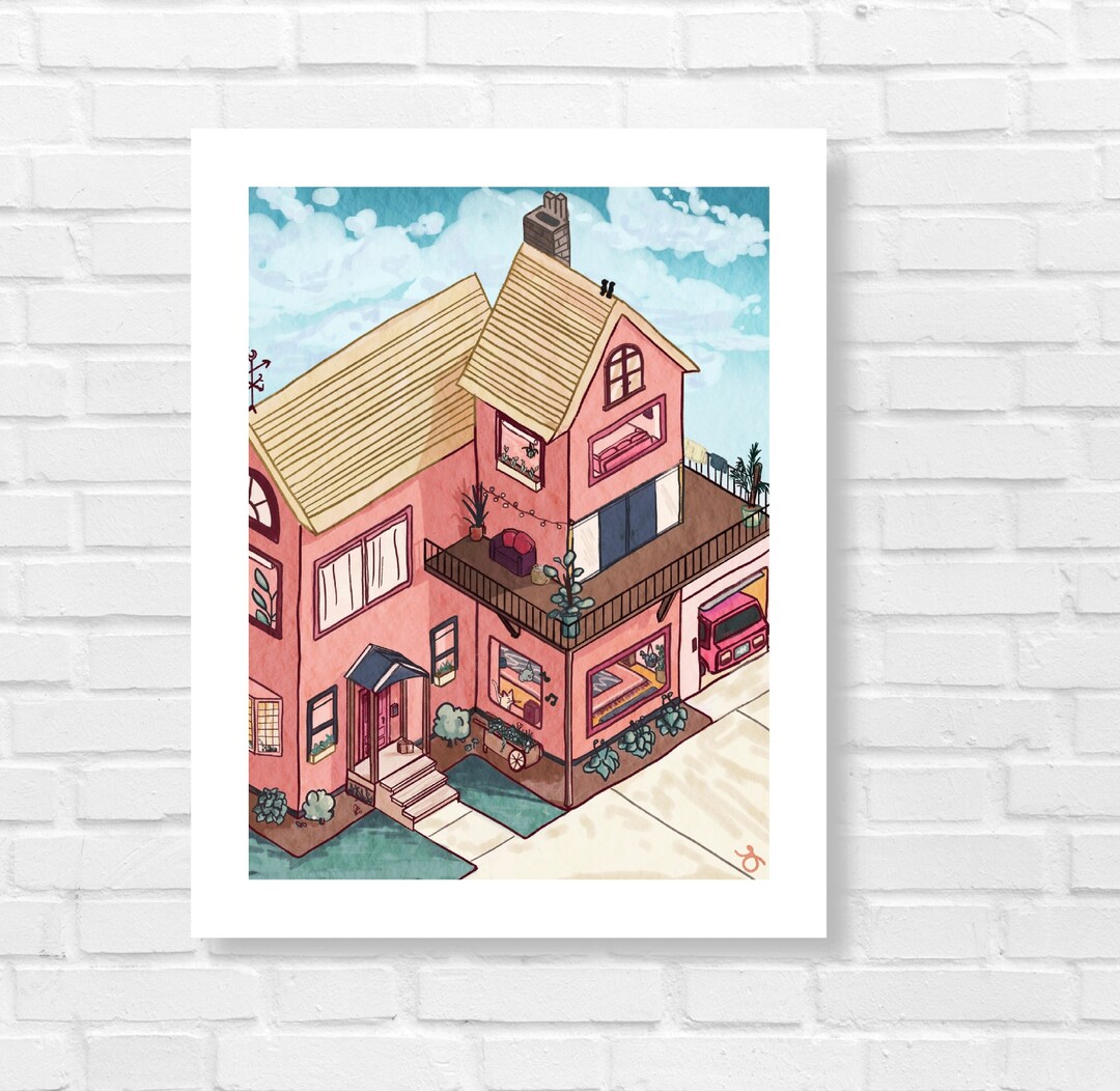 Isometric Pink Home Print / House in the Countryside Painting / 11x14 ...