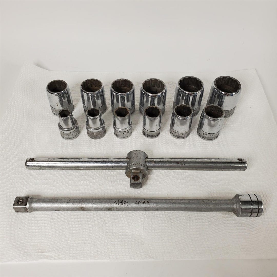 Vintage S-K 1/2" Drive Sliding T, Socket Extension Plus 12 Sockets 1-1/ ...