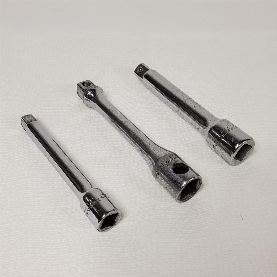 3) Vtg Indestro Super Socket Extensions 2- 3216 1/2" Drive, 1- 2732 3/8 ...