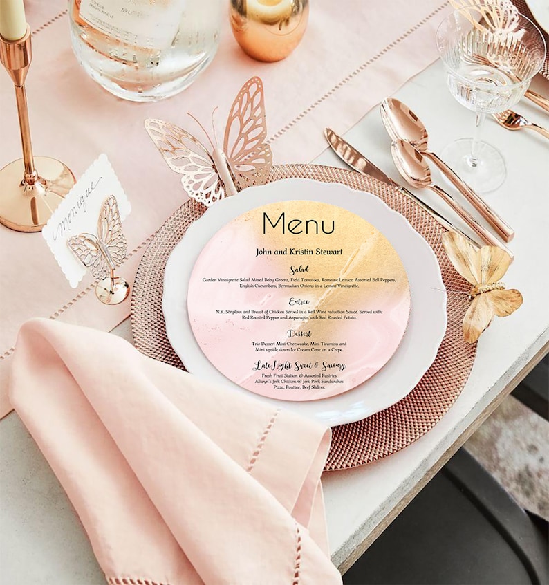 Wedding Menu Cards Blush & Gold Round Menu Card Circle Menu Cards ...