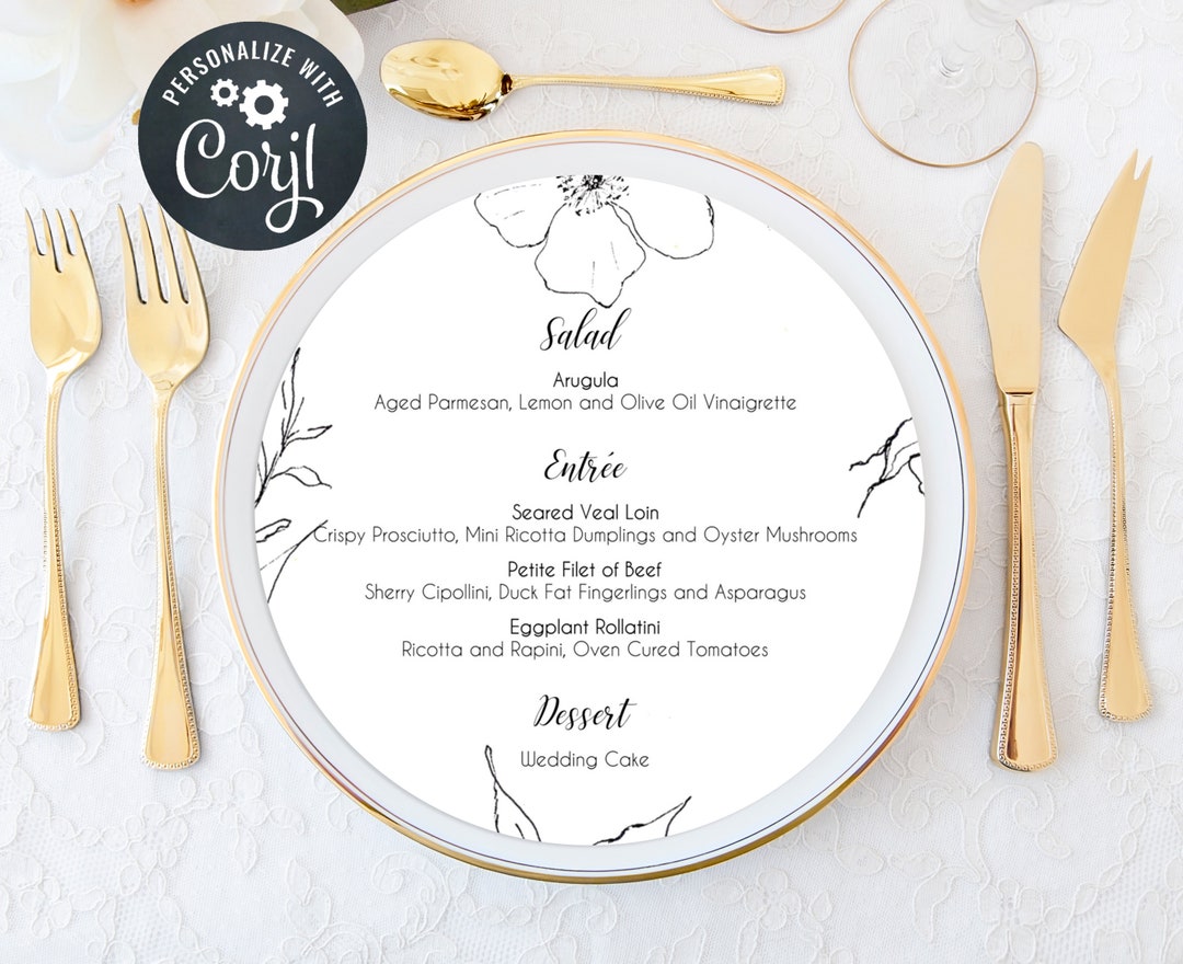 Round Wedding Menu Floral Menu Card, Round Menu Circle Menu Editable ...