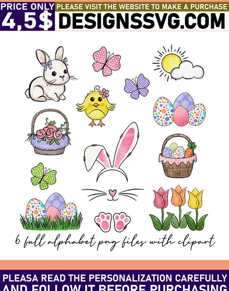 Easter Alphabet Letters With Clip Art PNG Bundle, Easter Bunny Doodle ...