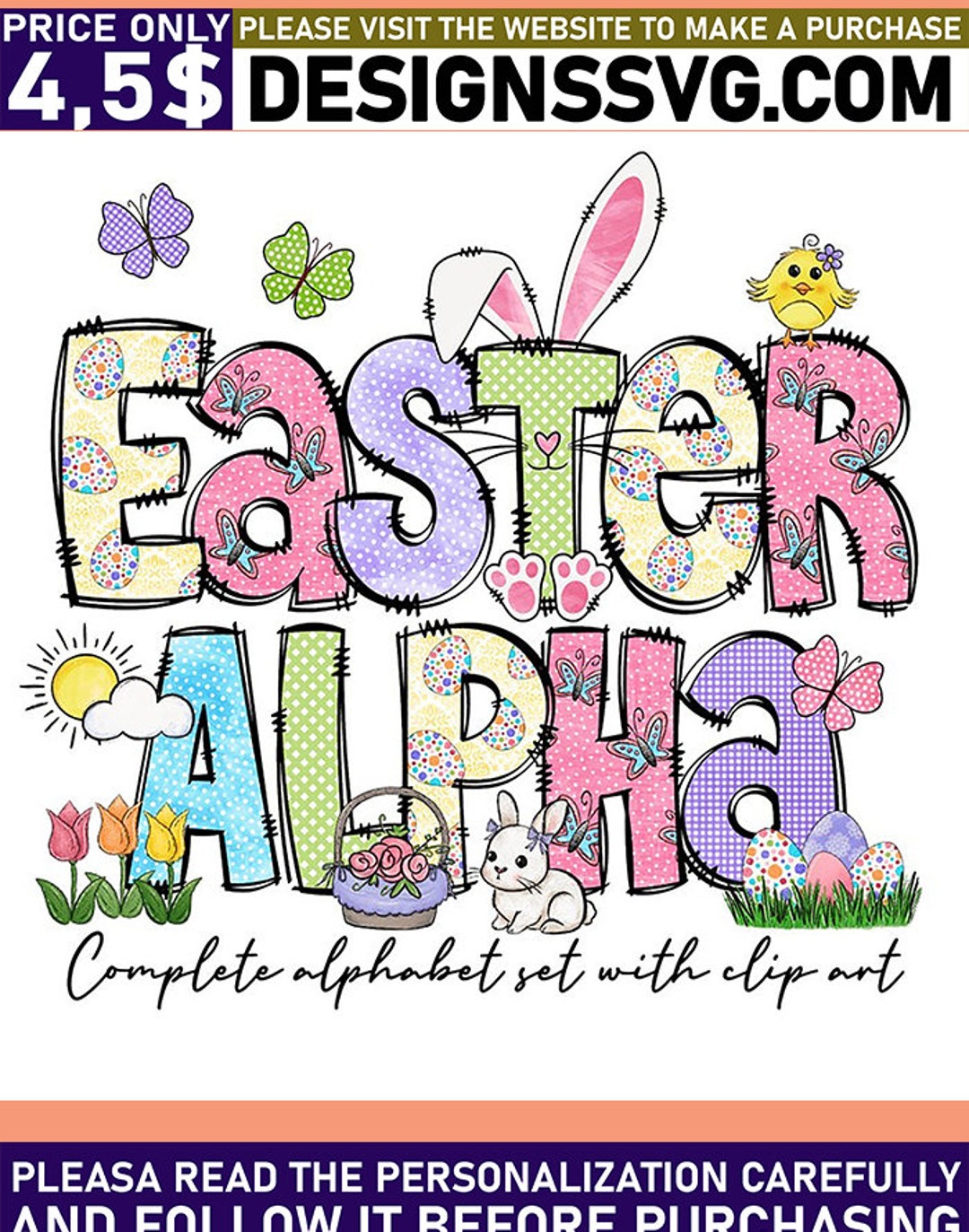 Easter Alphabet Letters With Clip Art PNG Bundle, Easter Bunny Doodle ...