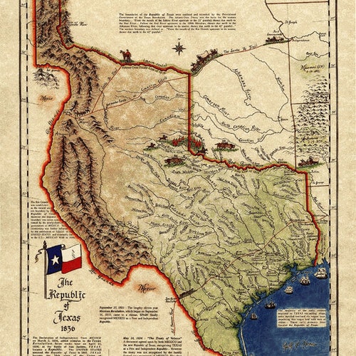Texas Historical Map Republic of Texas 1836 - Etsy