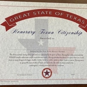Honorary Texan Citizenship Certificate of the Great State of Texas ...
