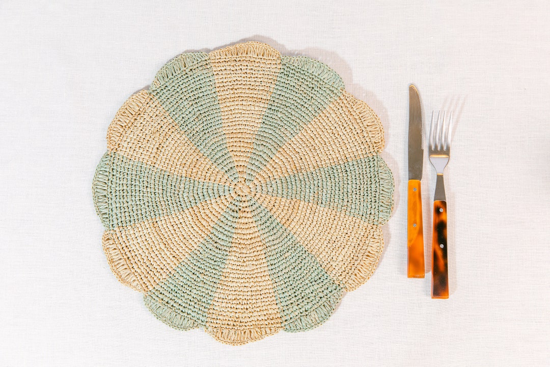 Colorful Round Raffia Placemats Handmade Boho Woven Dining Decor Blue ...