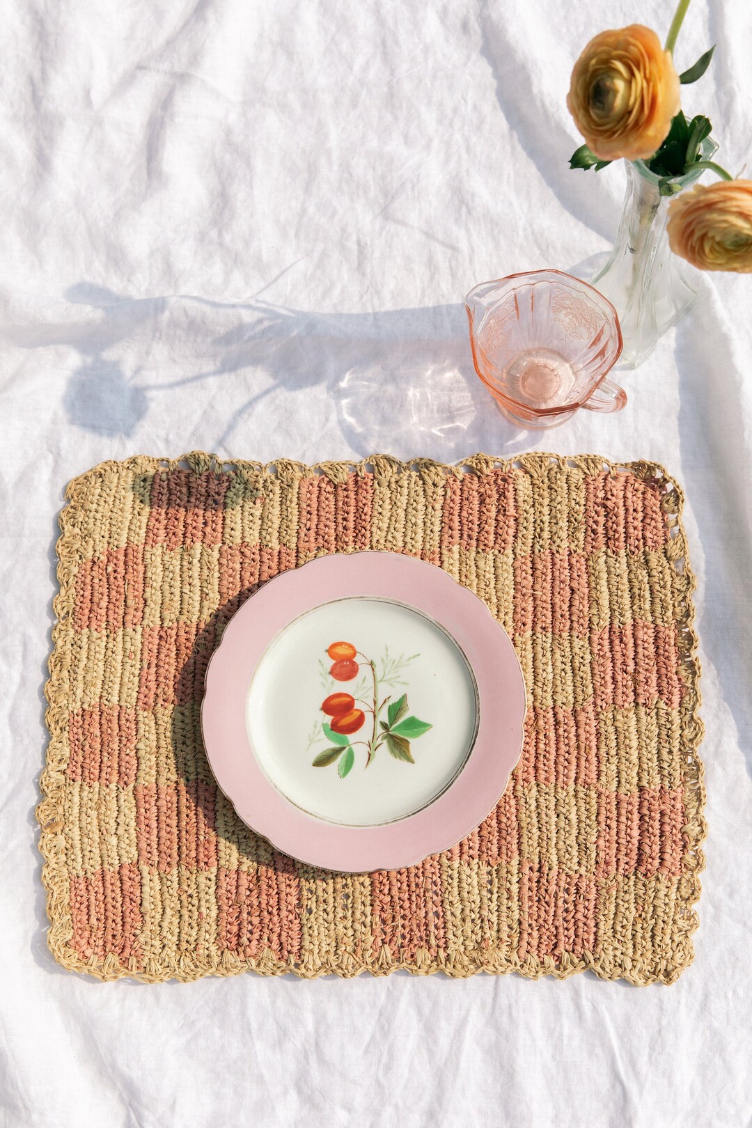 Raffia Rectangular Placemats – Pink Checkered Woven Table Mats ...