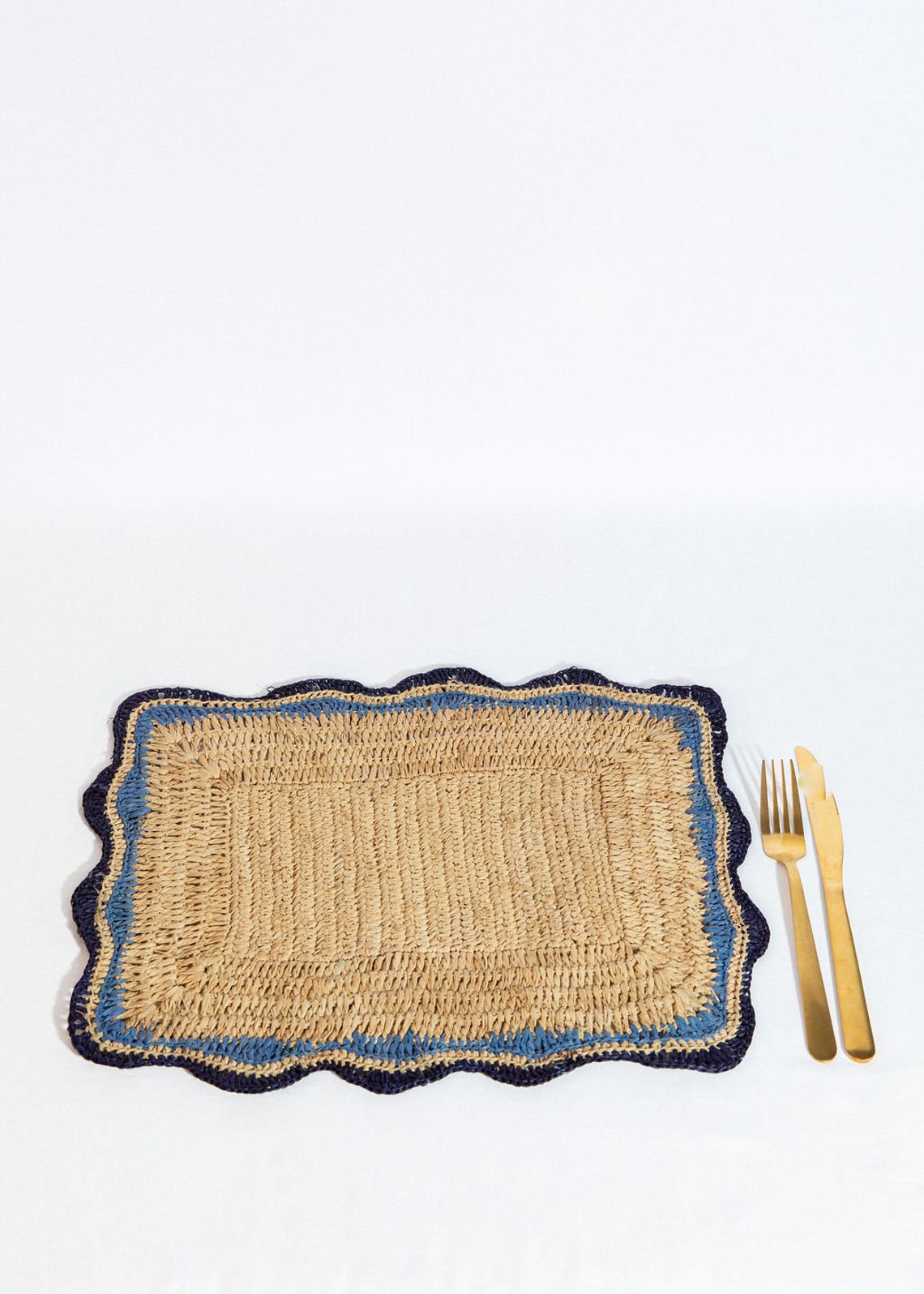 Rectangular Raffia Placemats With Blue Edges, Handmade Woven ...