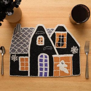 Haunted House Beaded Placemat Velvet Backing Handmade Halloween Table ...