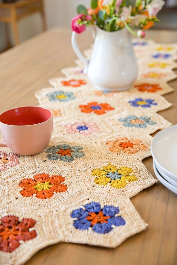 Raffia Crochet Handwoven Flower Table Runner Table Runner - Etsy