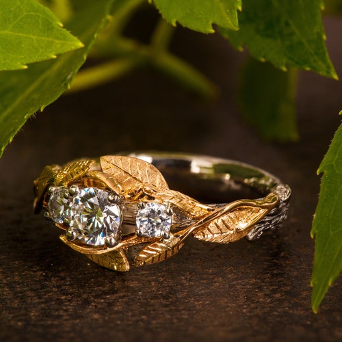 Rough Diamond Leaf Engagement Ring in 14k Gold Three Rough - Etsy