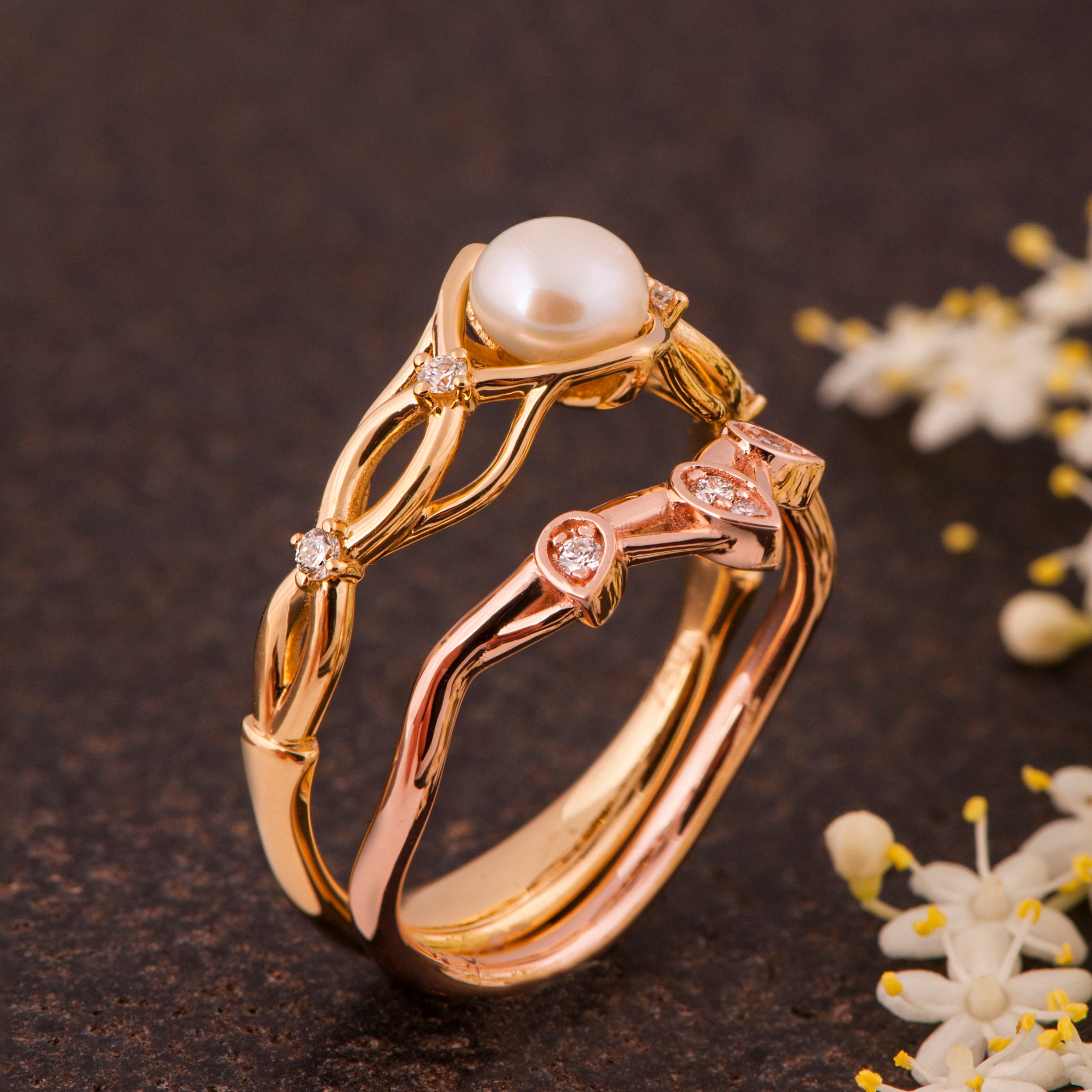 Pearl Bridal Set Pearl Engagement Ring Celtic Engagement | Etsy