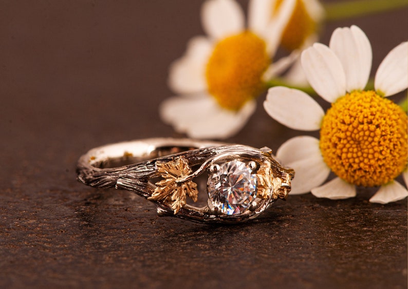 Moissanite Maple Leaf Twig Ring: Recycled Gold Diamond Ring - Etsy Canada