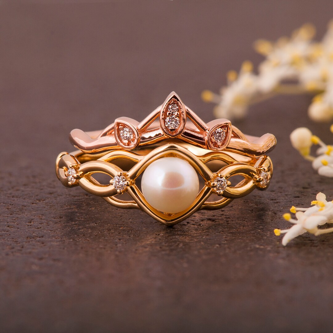 Pearl Bridal Set, Pearl Engagement Ring, Celtic Engagement Ring, Celtic ...