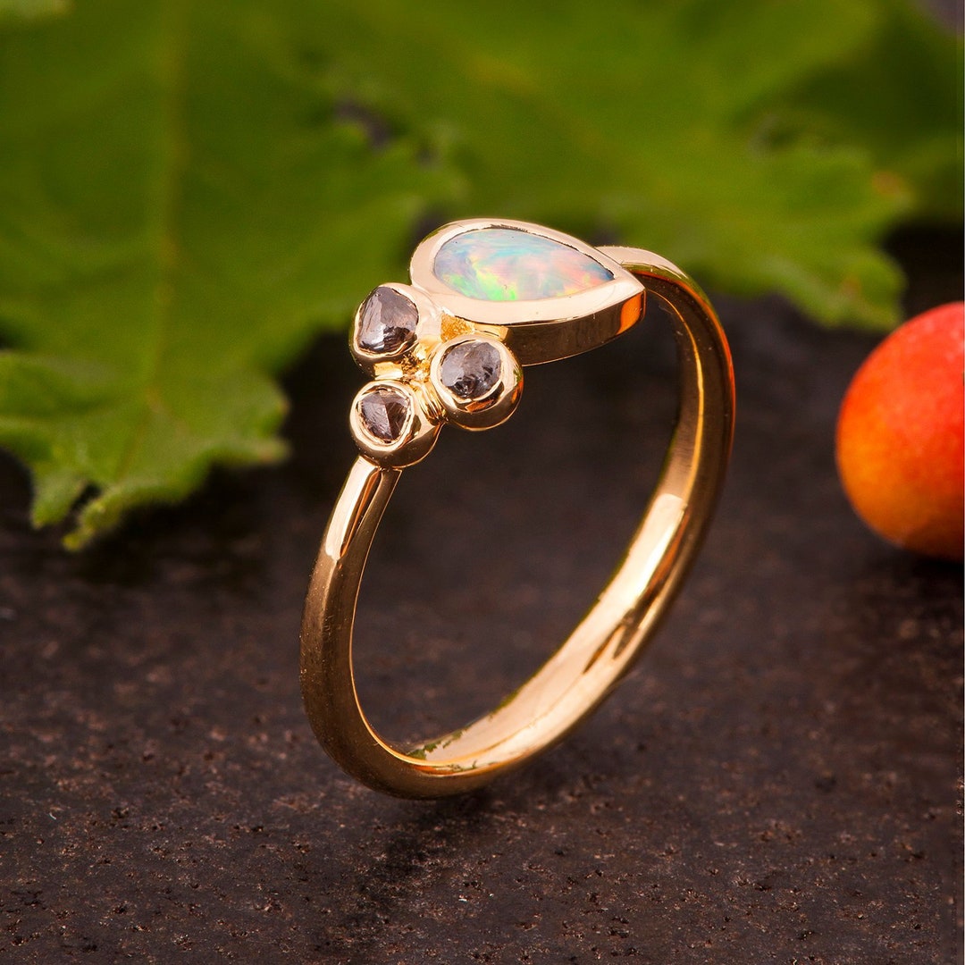 Multi Stone Opal Engagement Ring, Opal and Raw Diamond Ring, Opal ...