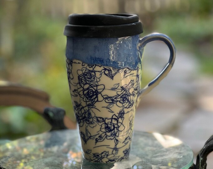 Porcelain Travel Mug Handmade, Pottery Travel Mug,blue With Flower ...